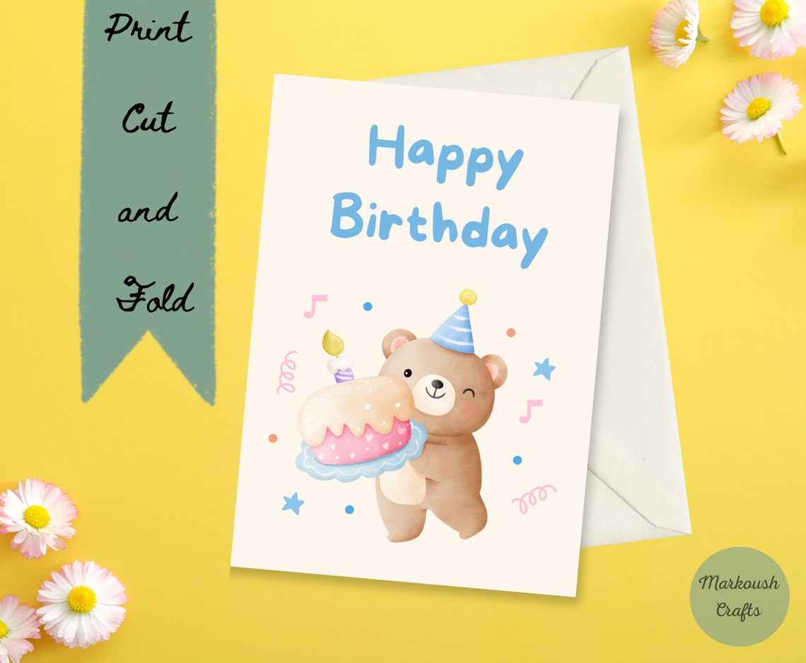 Cute Bear Birthday Card Printable, Teddy Bear Postcard, Digital Happy ...