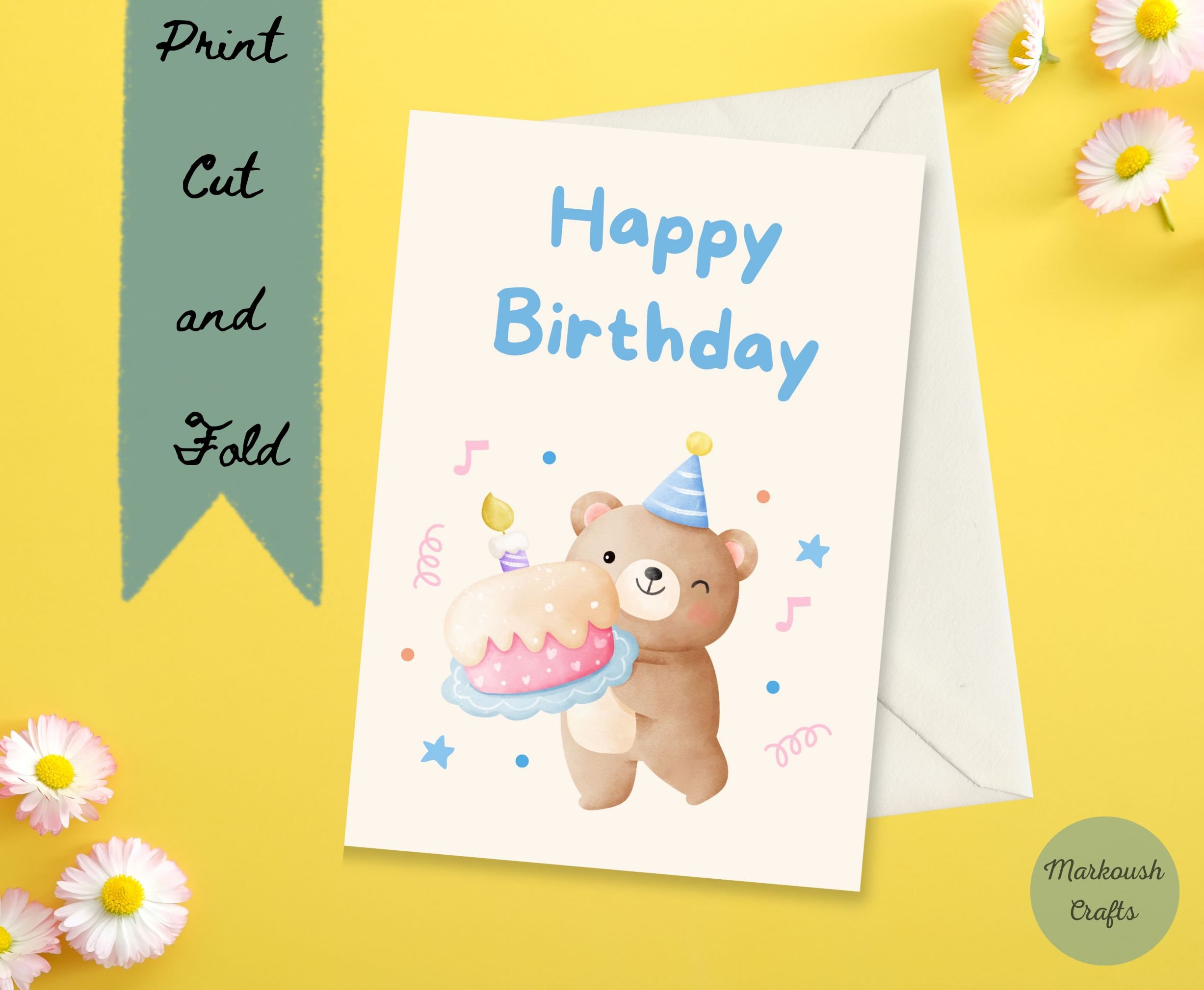 Cute Bear Birthday Card Printable, Teddy Bear Postcard, Digital Happy ...