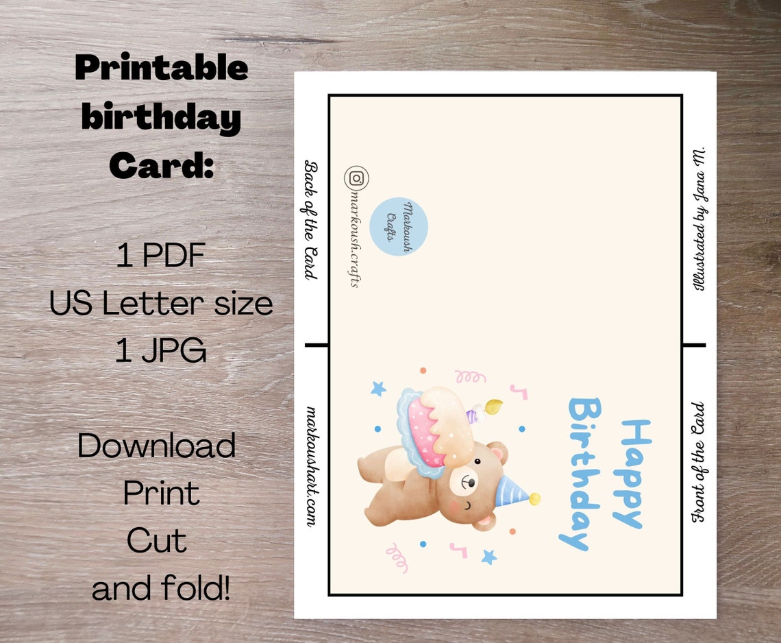 Cute Bear Birthday Card Printable, Teddy Bear Postcard, Digital Happy ...