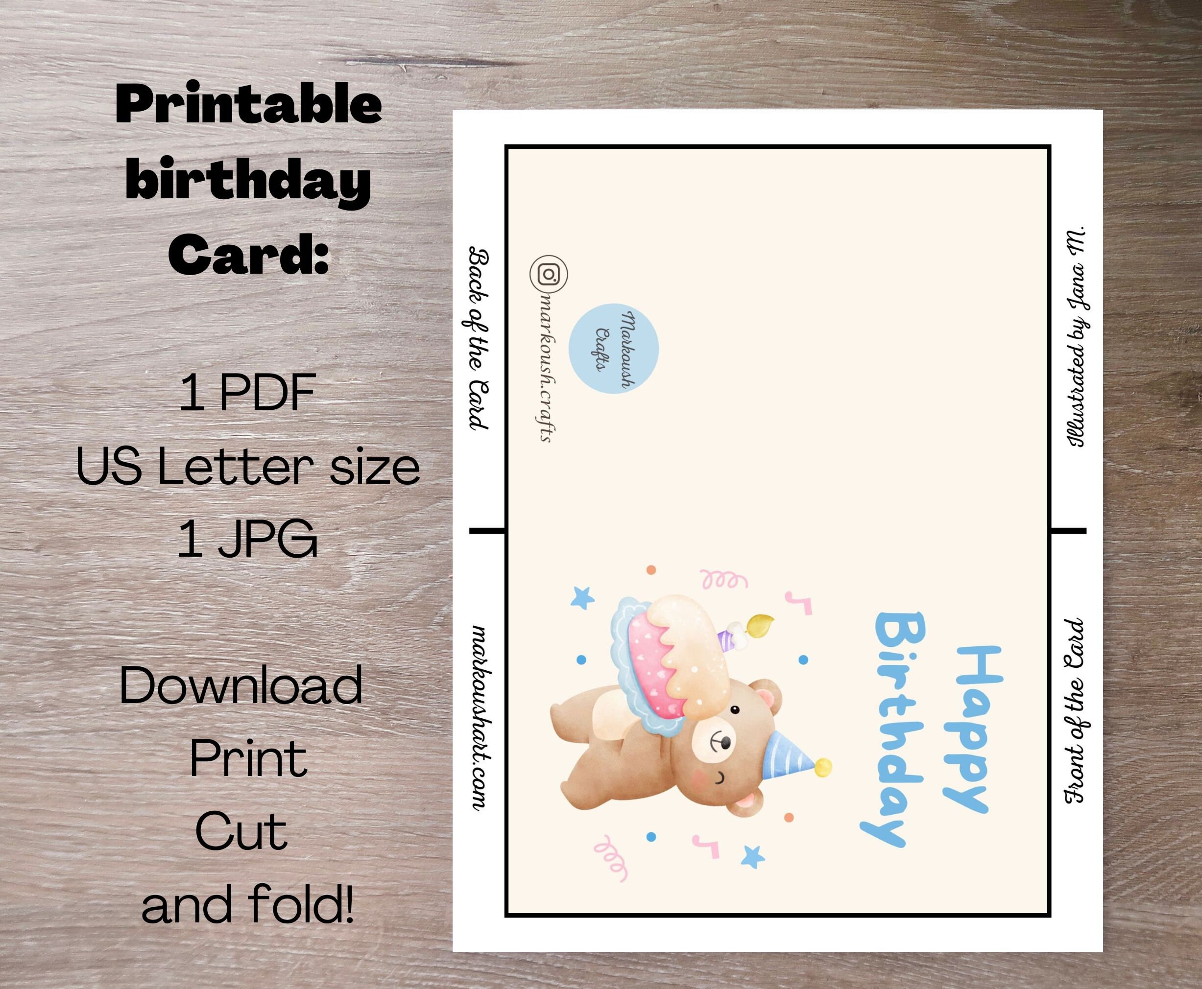 Cute Bear Birthday Card Printable, Teddy Bear Postcard, Digital Happy ...