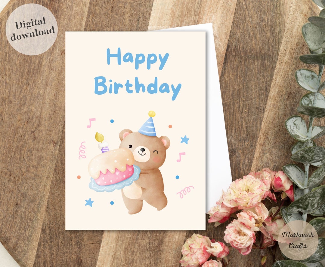 Cute Bear Birthday Card Printable, Teddy Bear Postcard, Digital Happy ...