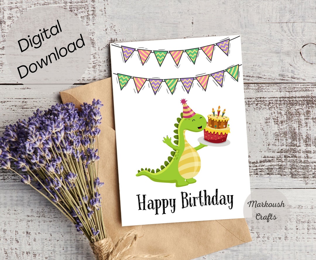 Dinosaur Birthday Card Printable, Dinosaur Postcard, Digital Happy Bday ...