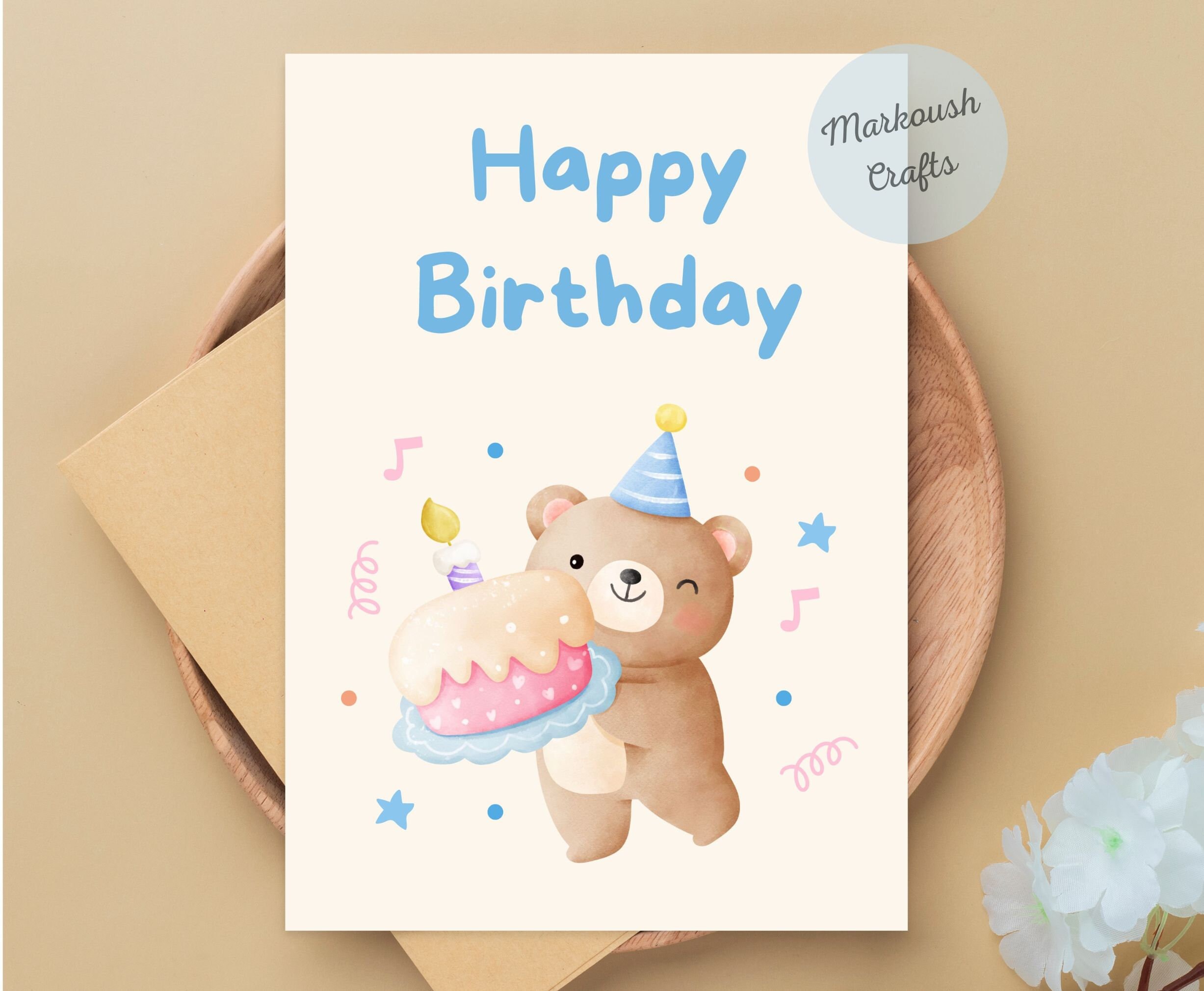 Cute Bear Birthday Card Printable, Teddy Bear Postcard, Digital Happy ...