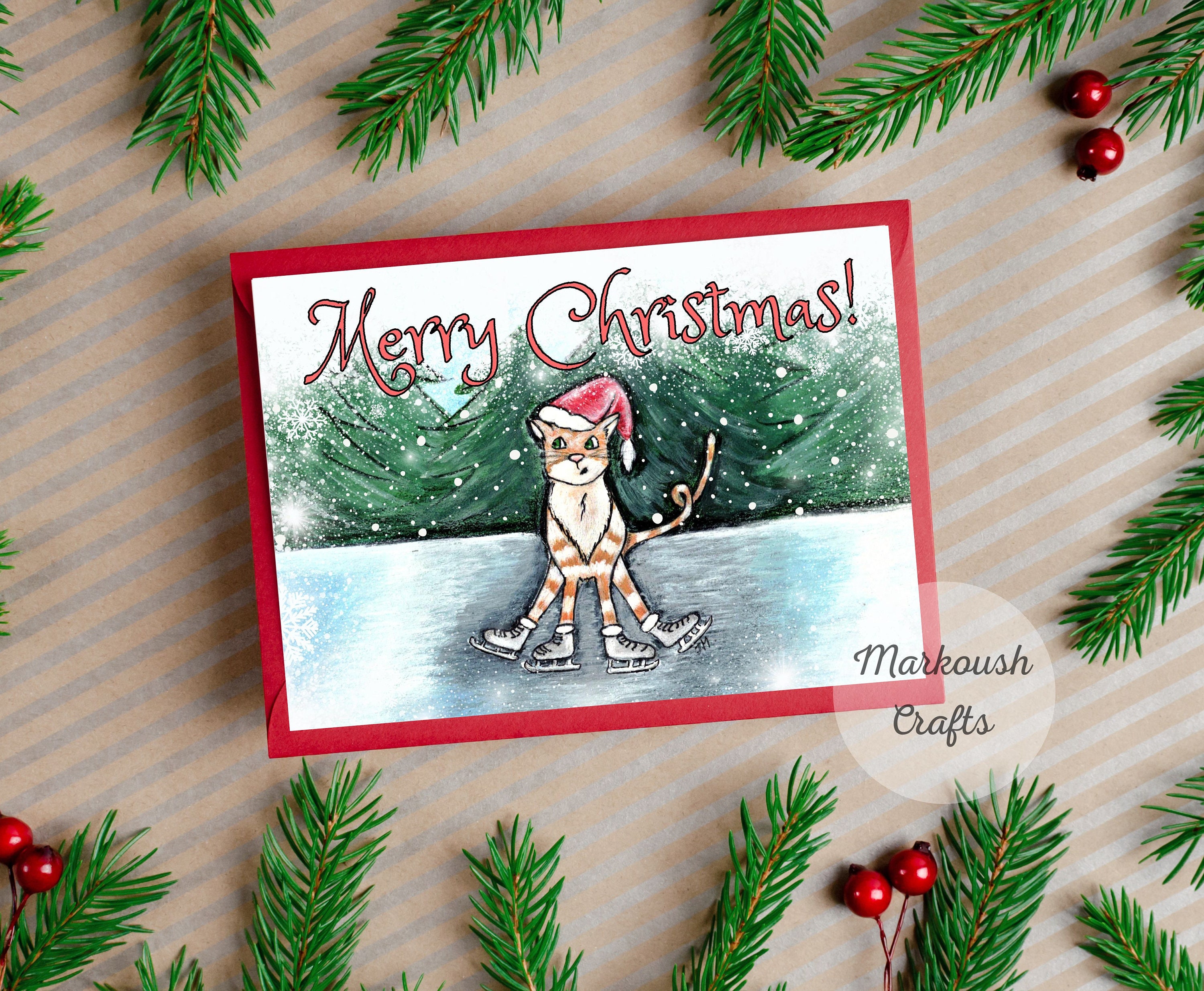 Printable Cat Christmas Card Merry Christmas Card With Cute Skating Cat ...
