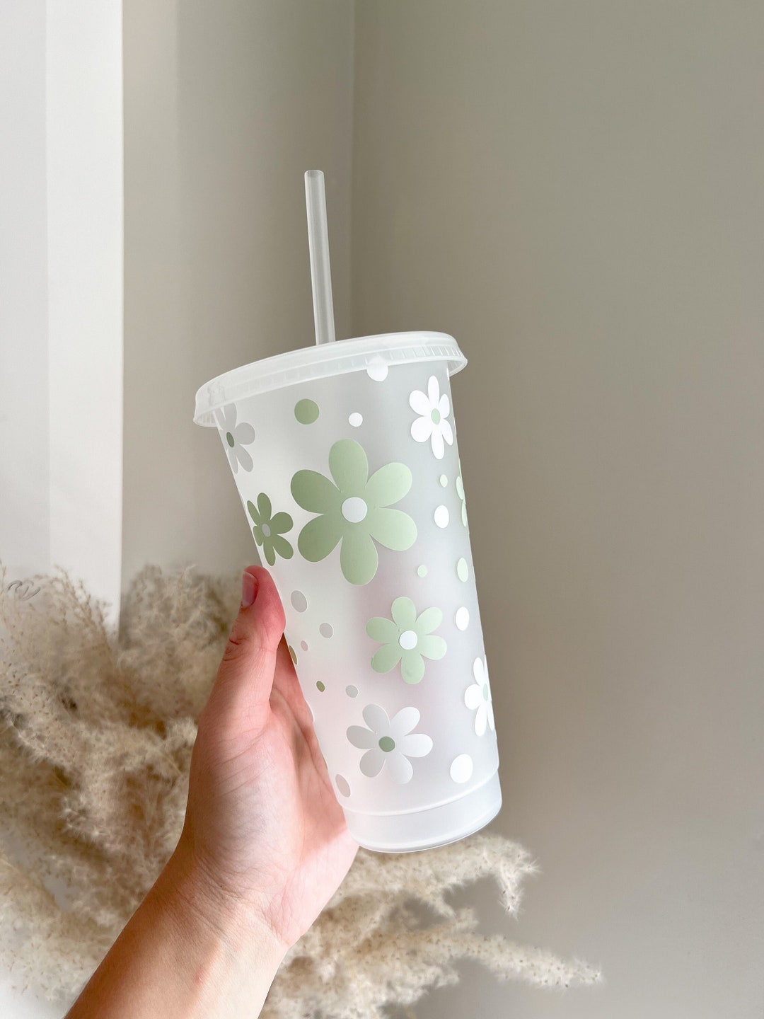 Cute Flower Cold Cup 24oz Cup Iced Coffee Cup Reusable Cup Lid and ...