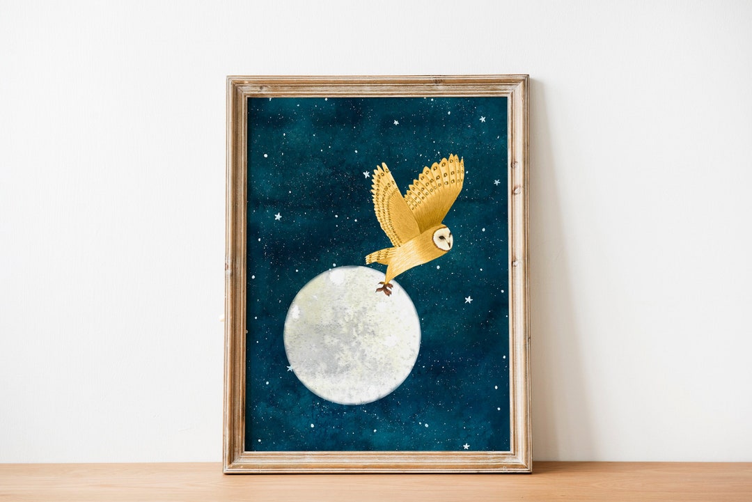 Night Owl Art Print, Barn Owl Wall Art, Moon Artwork, Animal ...