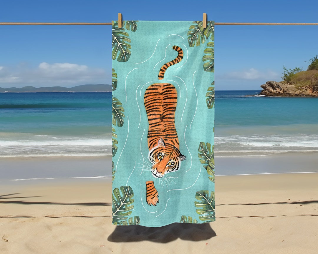 Beach Towel, Tropical Beach Towel, Tiger Swimming Print, Kids Beach ...