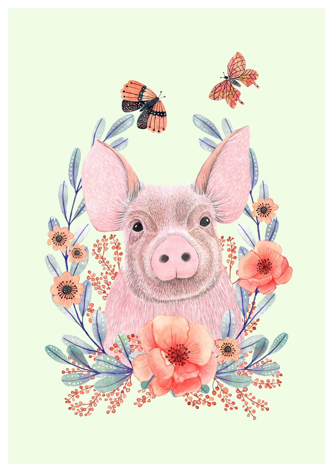 Lovely Hand Painted Pig for Nursery Decor, Pig With Flowers Artwork for ...