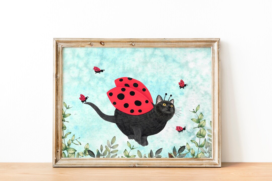 Black Cat Ladybug Art Print: Whimsical Kitten Illustration - Etsy