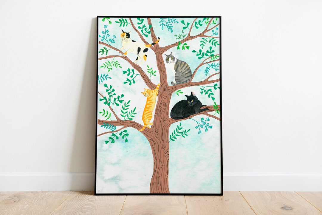 Cats Poster, Cat Illustration, Cats in Tree Artwork, Animal Wall Art ...