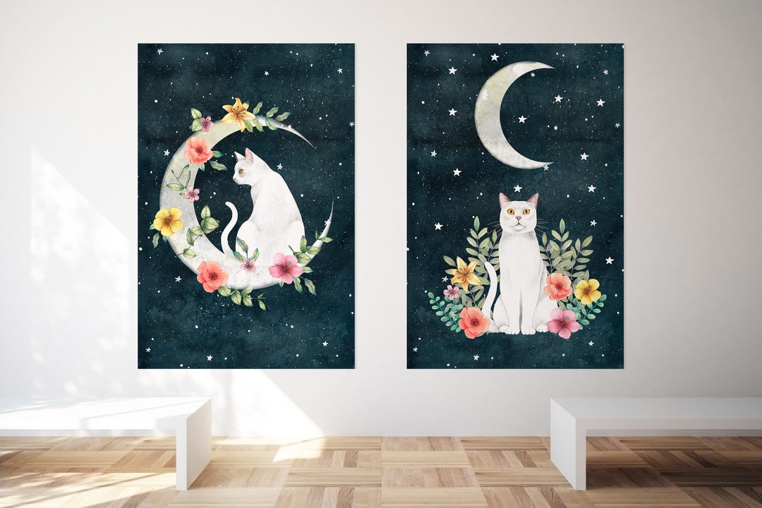 Cats Wall Art, Moon Art Print, White Cat Artwork, Animal Illustration ...