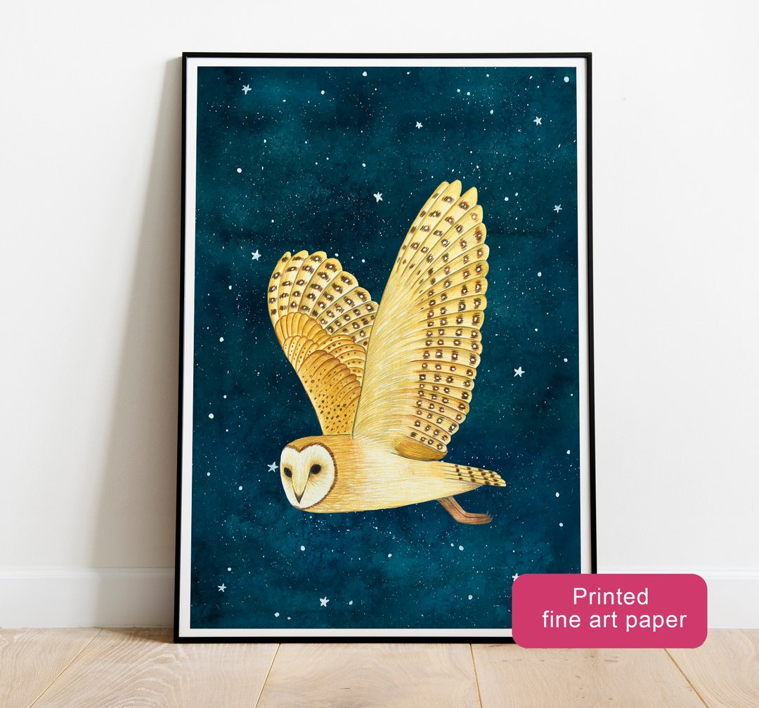 Barn Owl in the Starry Sky Wall Art, Night Owl Artwork, Nocturnal Bird ...