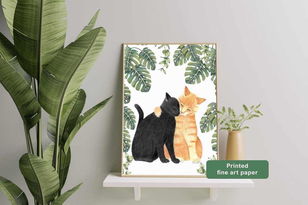 Cats in Love Art Print: Black and Ginger Kitten Painting, Pet Portrait ...