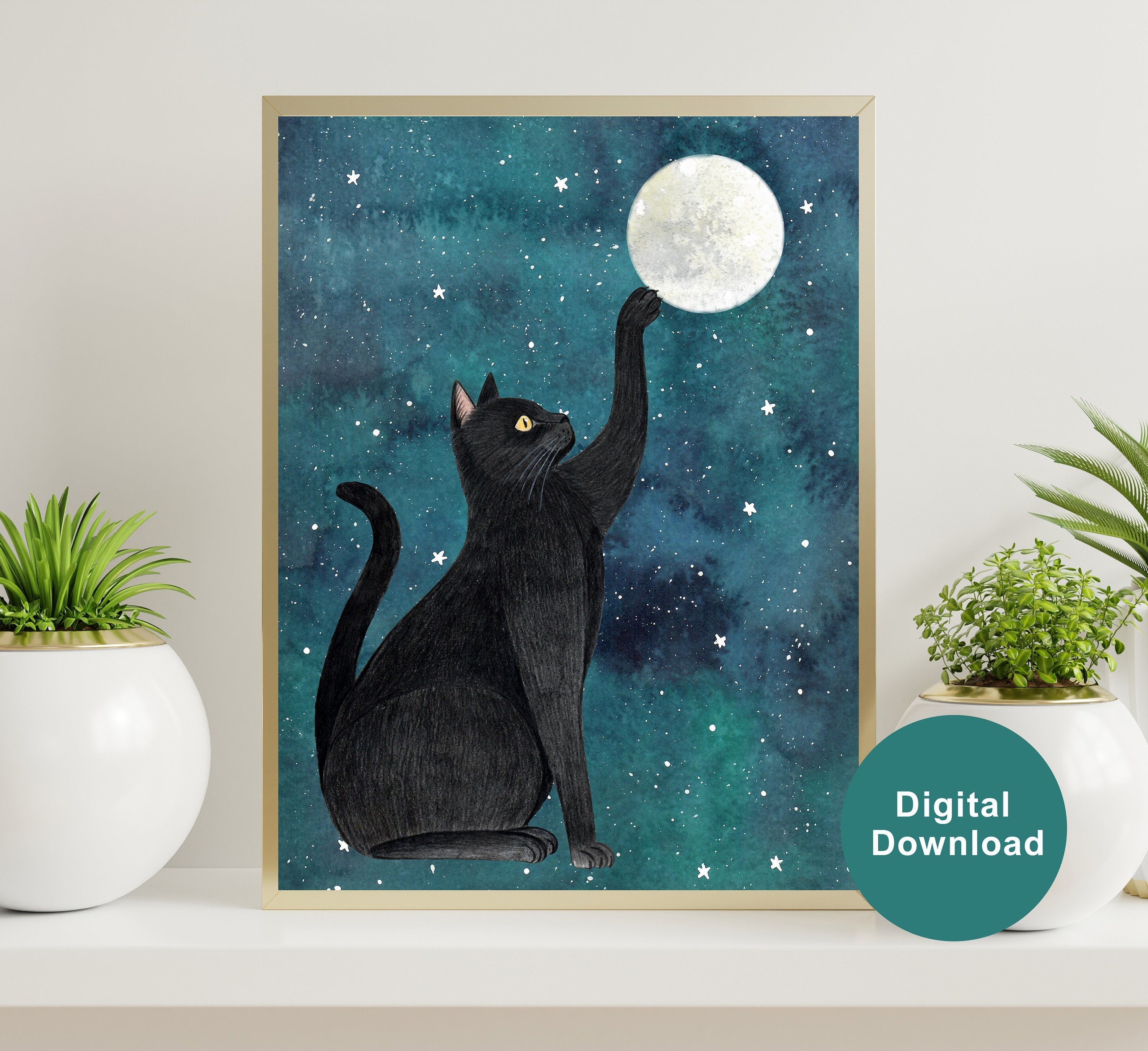 Black Cat and Moon Digital Download Printable Wall Art Black - Etsy UK