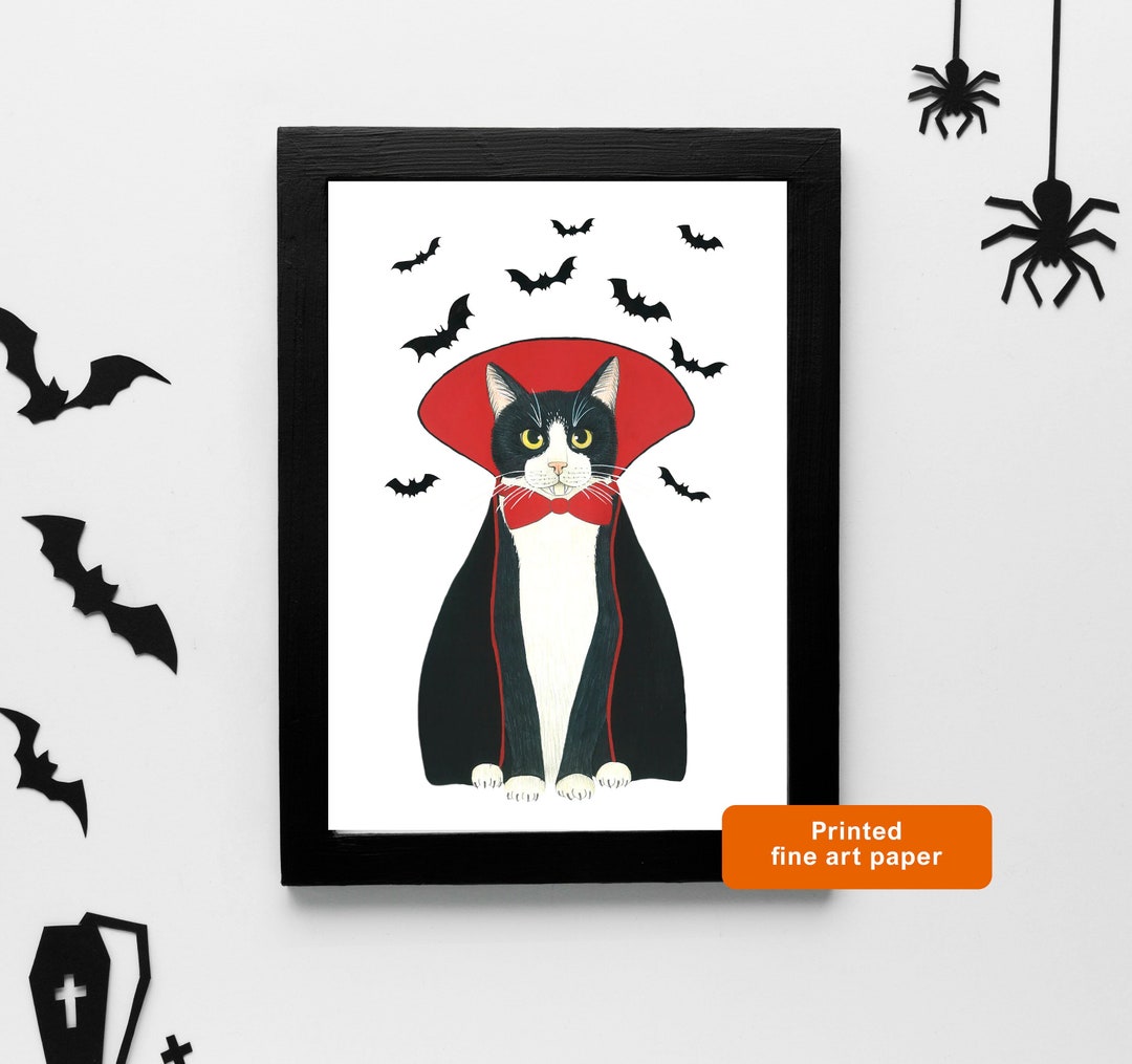 Vampire Cat Halloween Artwork, Halloween Cat Poster, Tuxedo Cat Wall ...