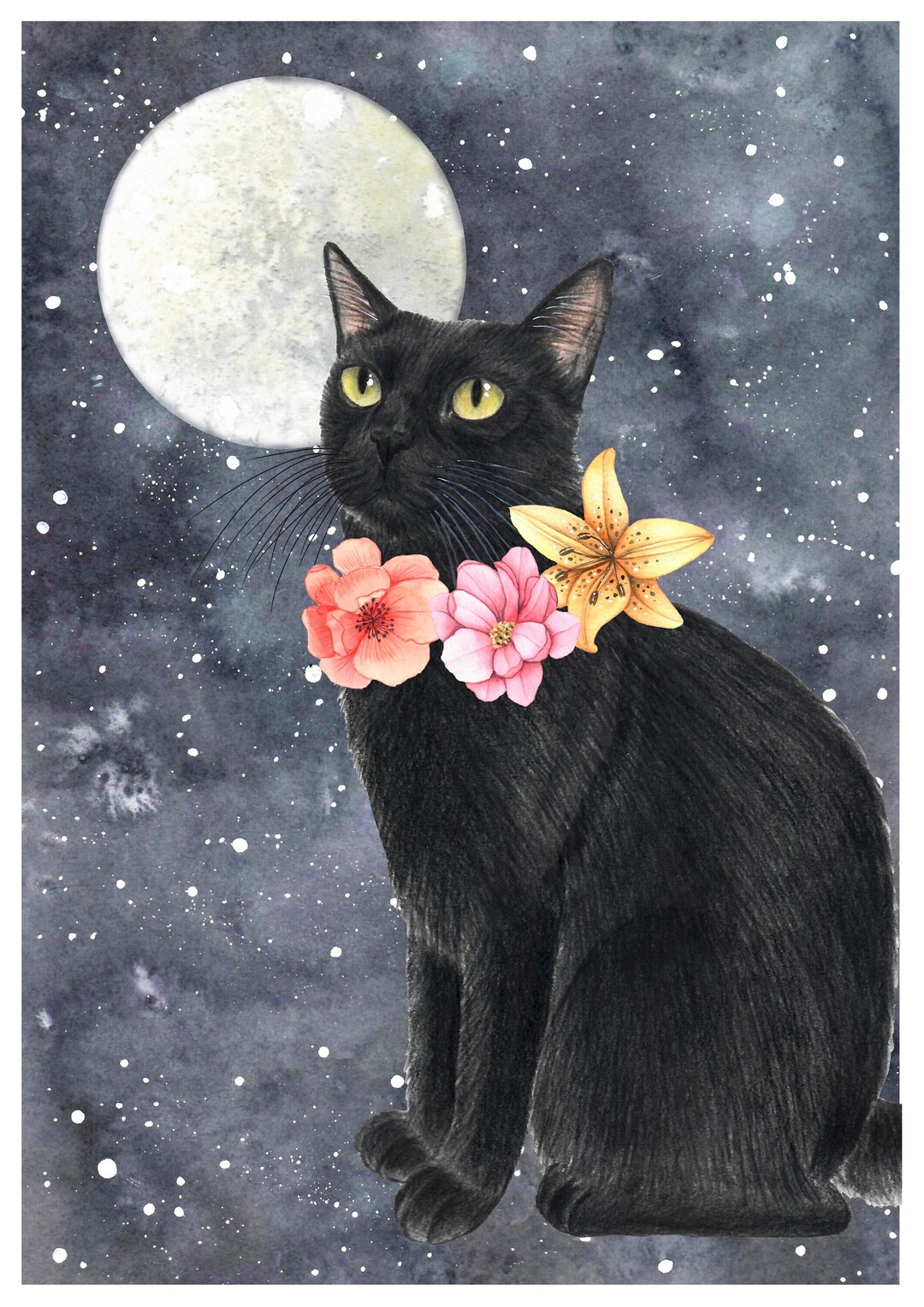 Black Cat on the Moon for Nursery Decor Night Cat Art for - Etsy