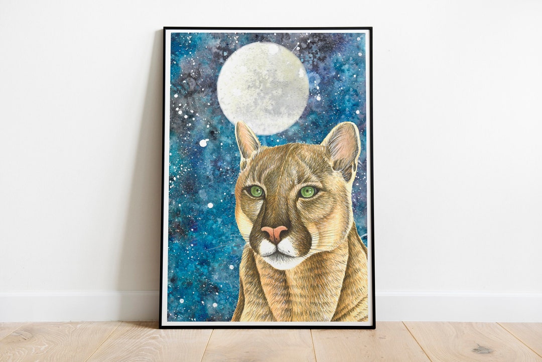Puma Art Print, Moon and Stars, Jungle Animals Painting, Nursery Wall ...