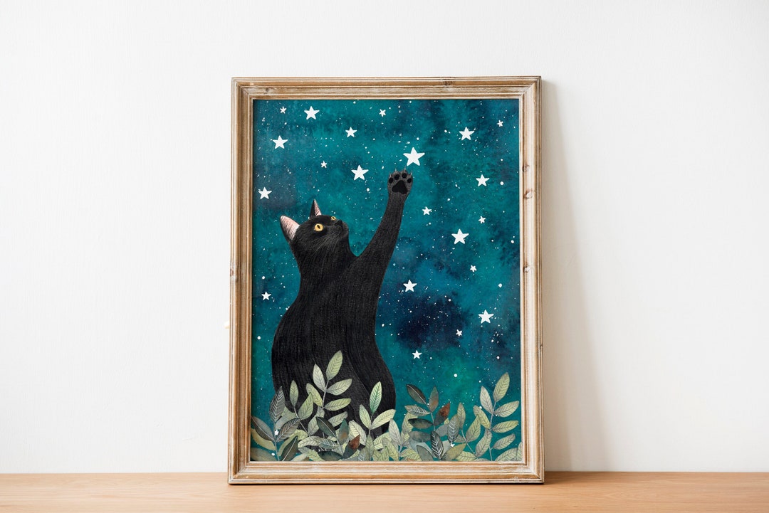 Black Cat Poster: Whimsical Kitten Illustration, Celestial Wall Art - Etsy