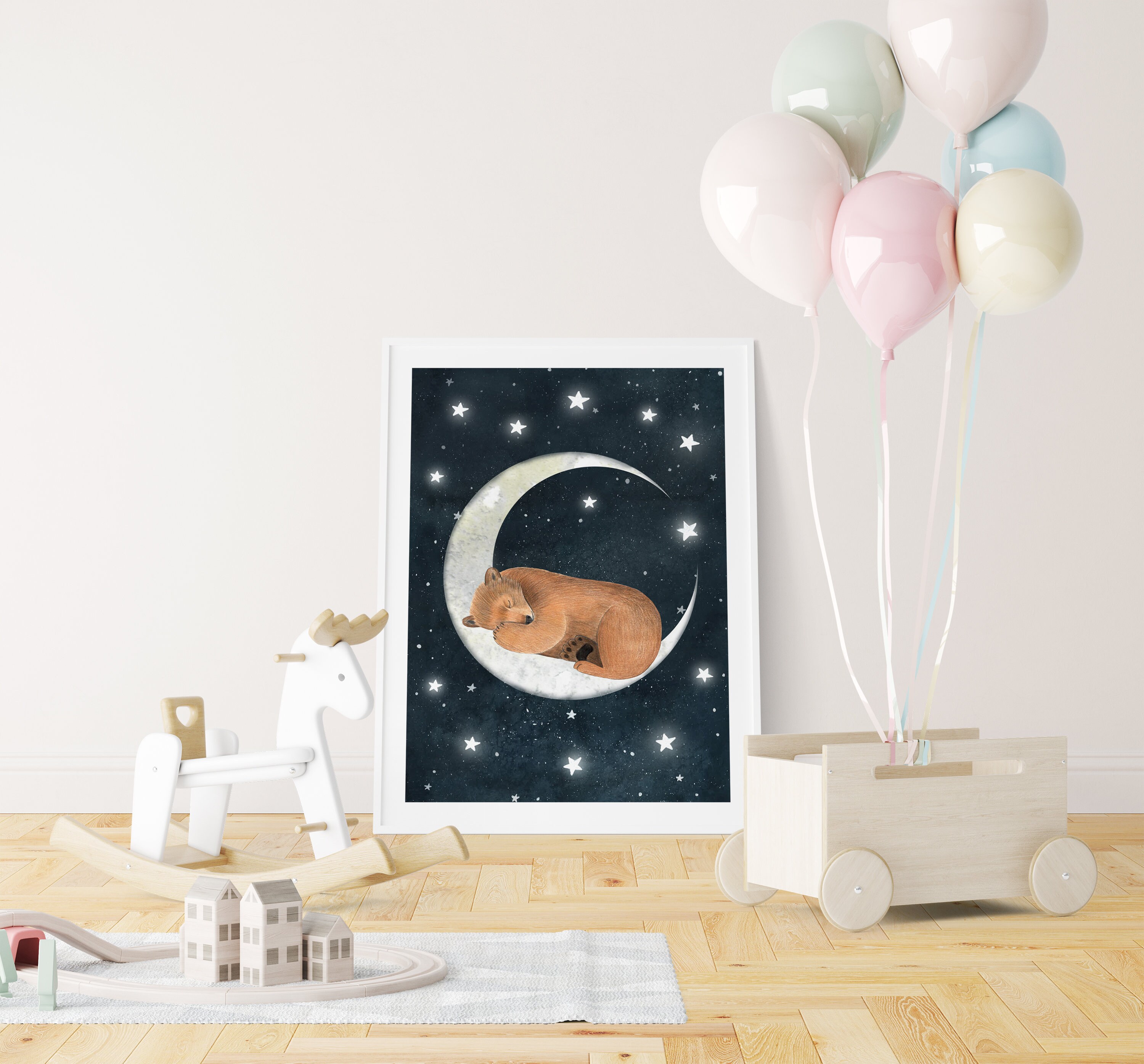 Stampa Tela Orsetto E Luna Decorazione Parete Orsetto Che Dorme Sulla ...