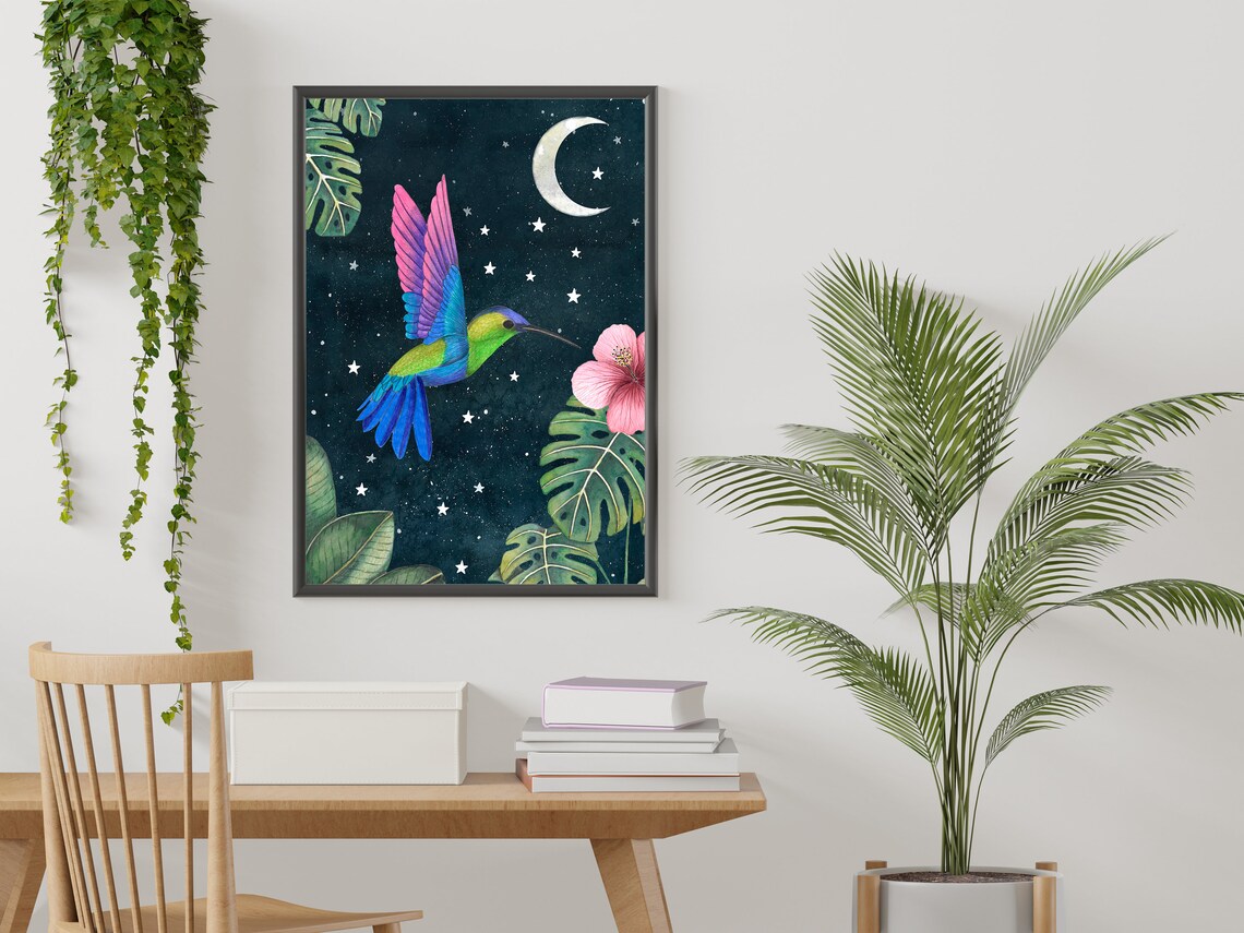 Hummingbird Art Print: Celestial Moon Night Nursery Decor - Etsy