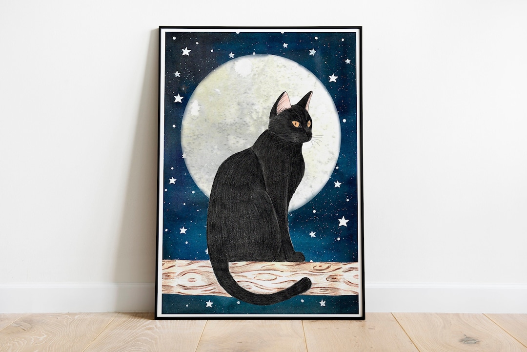 Black Cat Poster: Kitten Wall Art, Starry Night Sky Print, Moon Artwork ...
