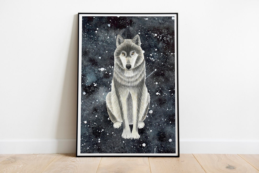 Night Wolf Art Print, Wolf Illustration, Starry Sky Painting, Wolves ...