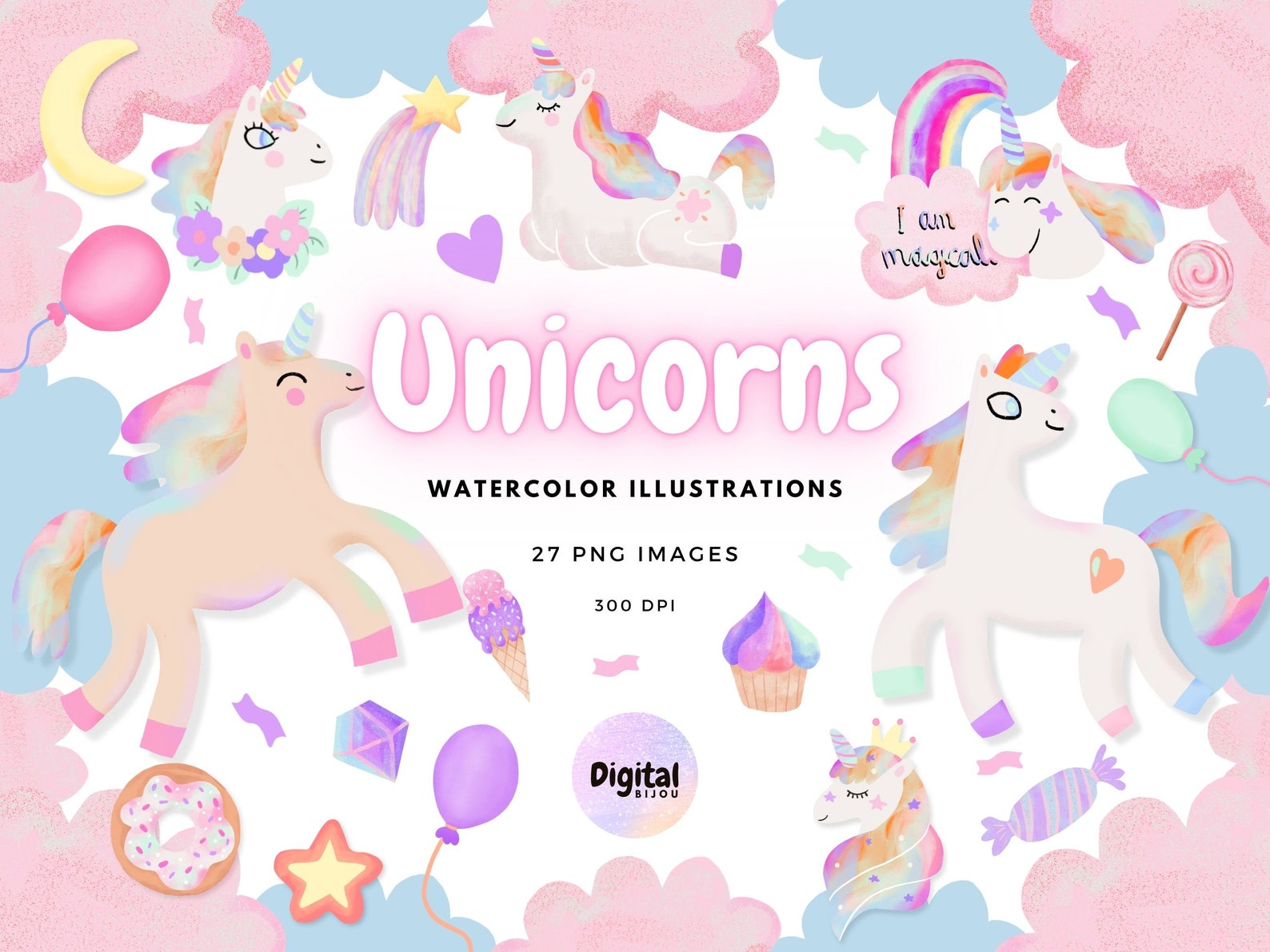 Watercolor Unicorn Clipart Unicorn PNG Cute Pastel Planner Stickers ...