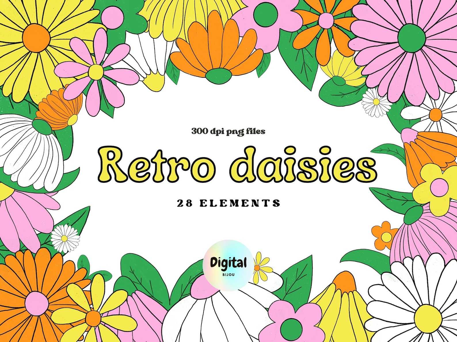 Retro Daisy Clipart, 70s Clipart, Flower Power Hippie Clipart, Groovy ...