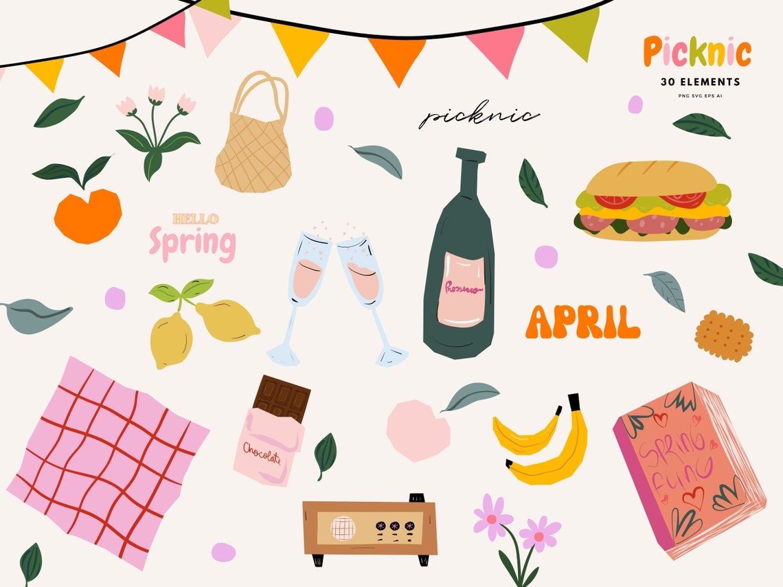 Picnic Clipart Set- Spring Clipart, Digital Clipart, Spring Words ...
