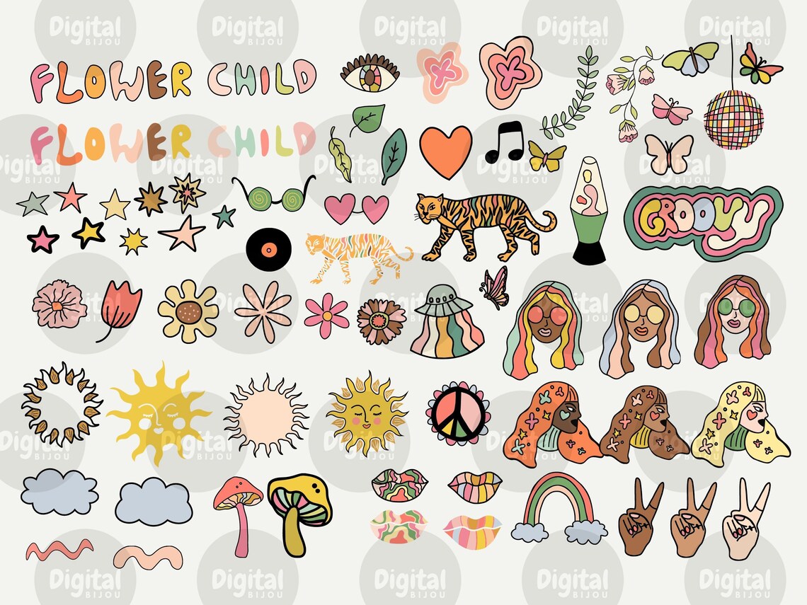 Groovy Hippie Psychedelic Clipart Set 70's Retro Clipart | Etsy