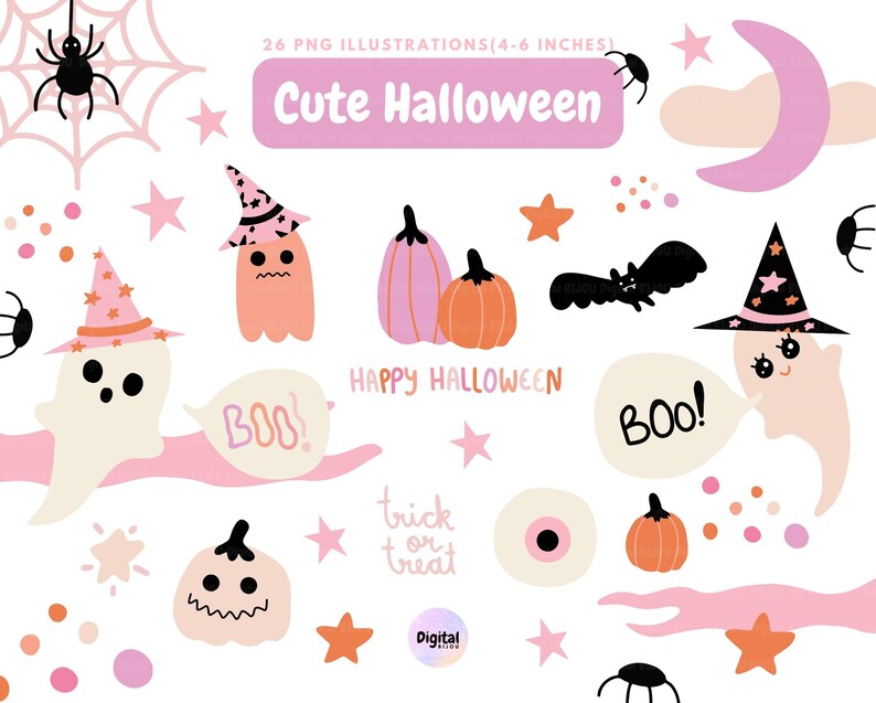 Cute Halloween Clipart- Pink Ghosts, Halloween Pumpkins, Bats, Spider ...