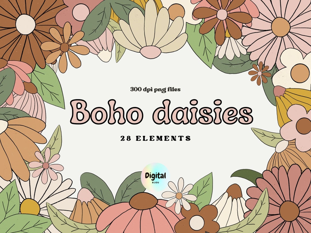Boho Daisies Clipart, 70's Clipart, Retro Flowers Clipart, Groovy ...