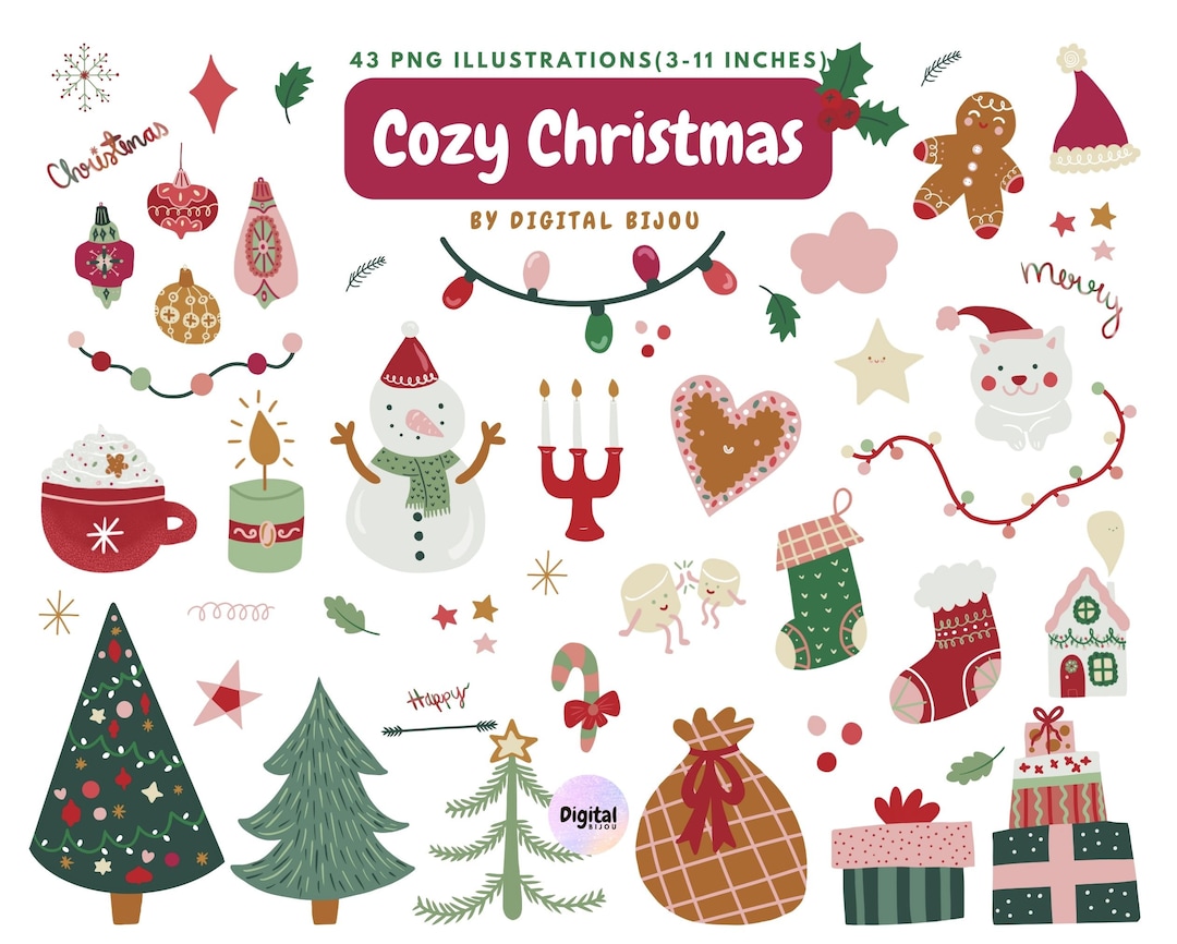 Cozy Christmas Clipart- Festive Illustrations, Printable Digital ...
