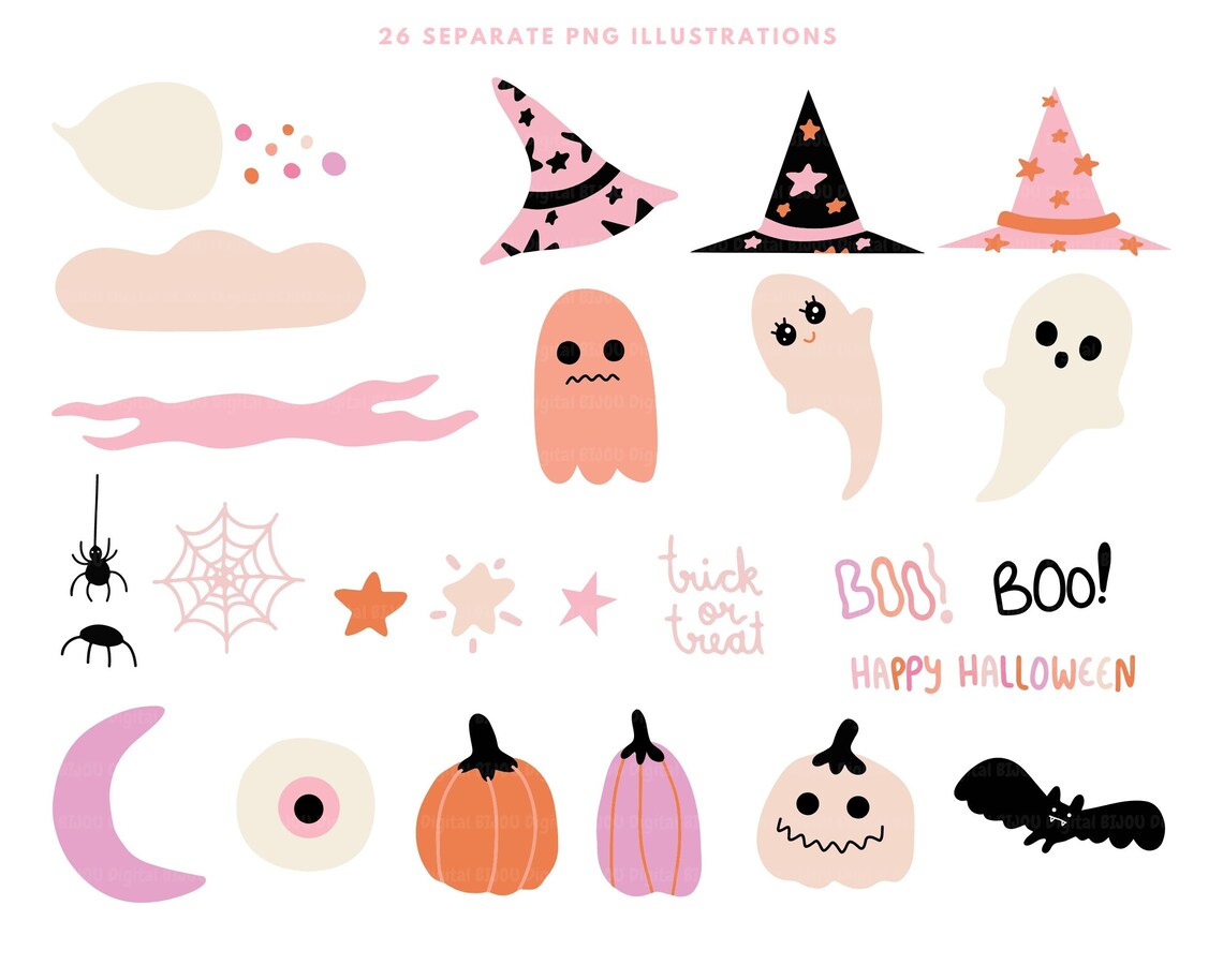 Cute Halloween Clipart- Pink Ghosts, Halloween Pumpkins, Bats, Spider ...