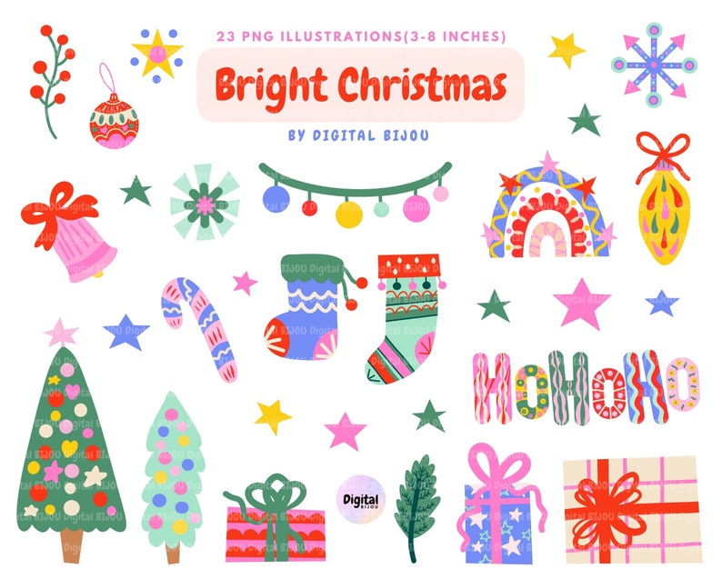 Bright Christmas Clipart - Festive Illustrations, Printable Digital ...