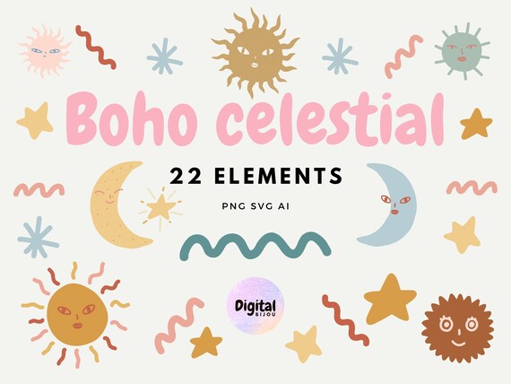 Boho Celestial Clipart Set Sun Moon Stars Svg & Png Vector - Etsy