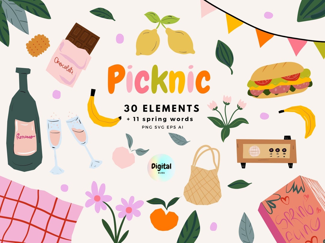 Picnic Clipart Set- Spring Clipart, Digital Clipart, Spring Words ...