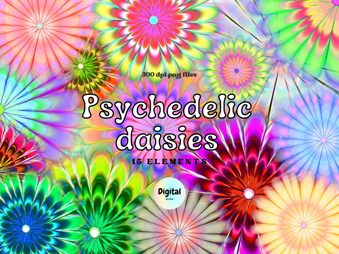 Psychedelic Daisies Clipart, 70's Retro Clipart, Esoteric Flowers ...
