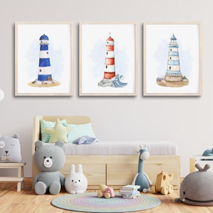 Set of 3 Nautical Lighthouse Prints, Nursery Nautical Theme, Baby Boy Nursery Decor, Baby Gifts ...