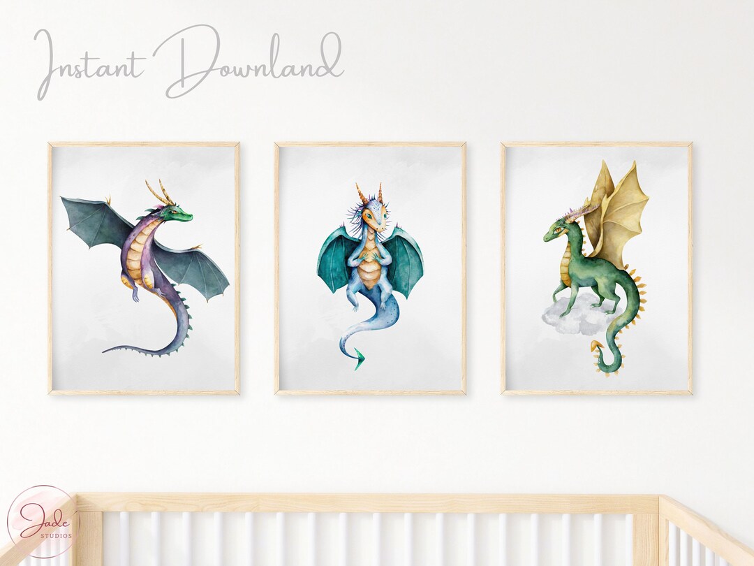 Set of 3 Kids Dragon Prints, Nursery Dragon Decor, Magical Prints, Boys ...