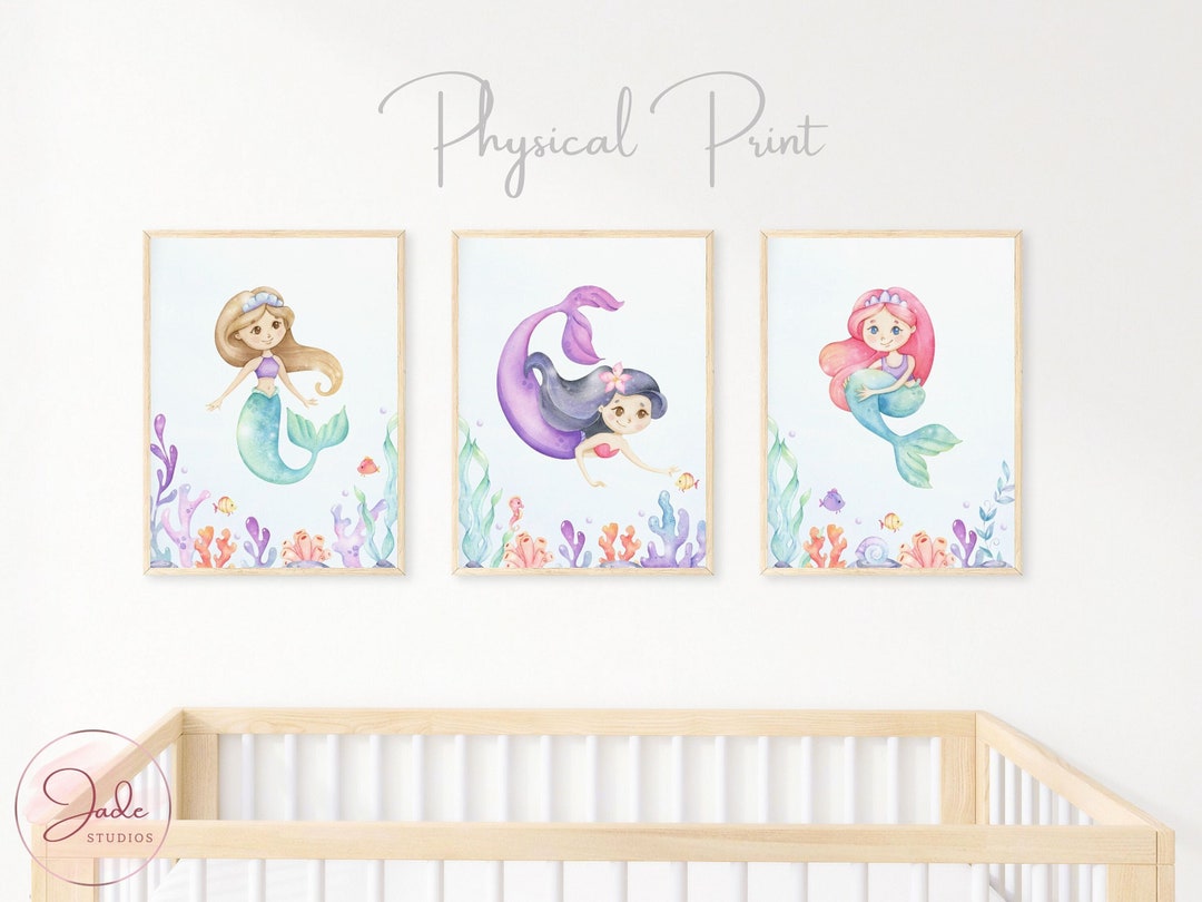Set of 3 Mermaid Nursery Prints, Mermaid Wall Art, Girls Room Mermaid ...