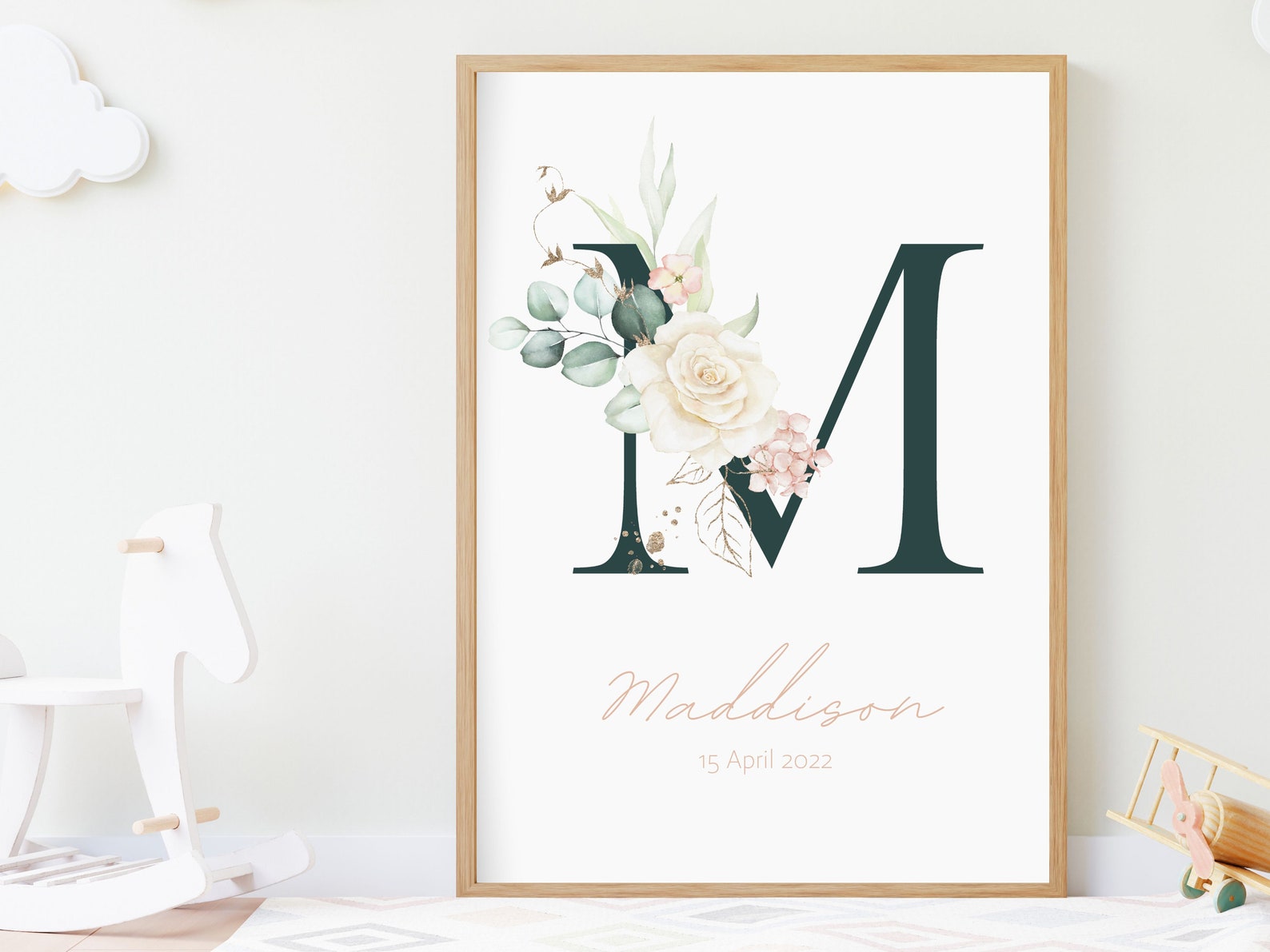 Personalised Name Print Birth Poster, Pink Floral, Custom Nursery ...