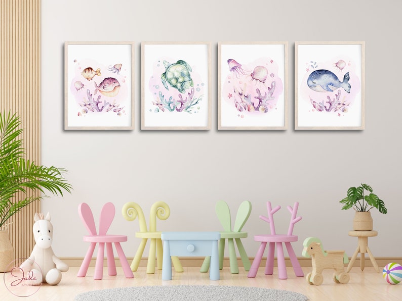 Set of 4 Under the Sea Print, Ocean Creatures Poster, Nursery Nautical ...