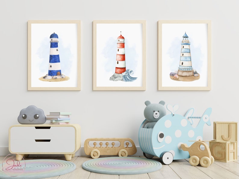 Set of 3 Nautical Lighthouse Prints, Nursery Nautical Theme, Baby Boy Nursery Decor, Baby Gifts ...