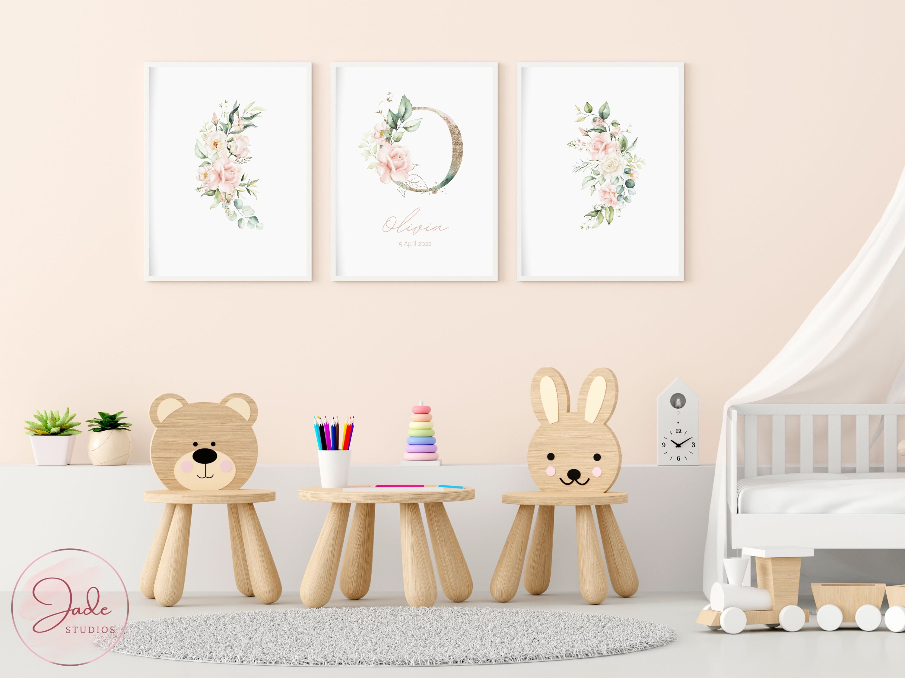 Set of 3 Floral Personalised Name Prints - Birth Poster, Custom Nursery ...