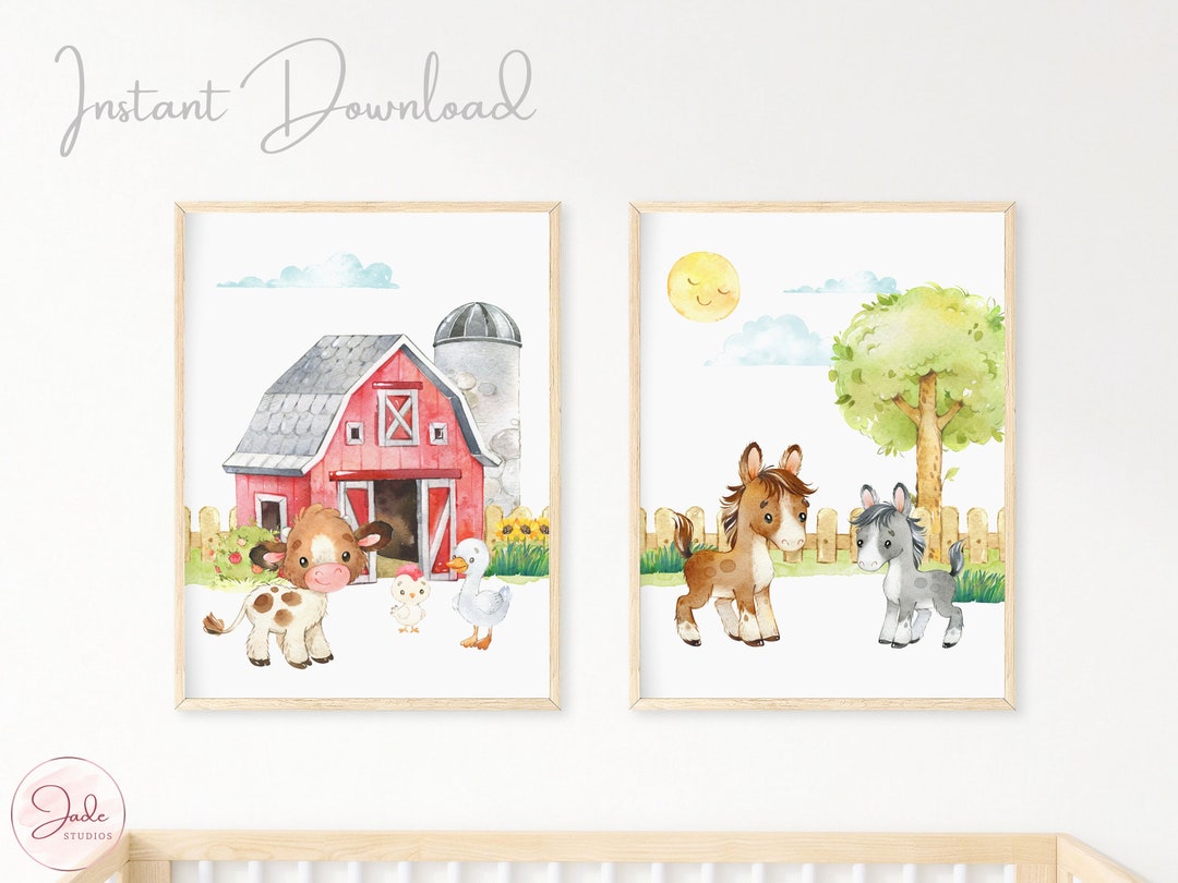 Set of 2 Farm Animal Prints, Nursery Wall Art, Nursery Farm Decor ...
