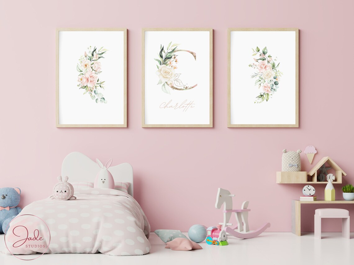 Set of 3 Floral Personalised Name Prints - Birth Poster, Custom Nursery ...