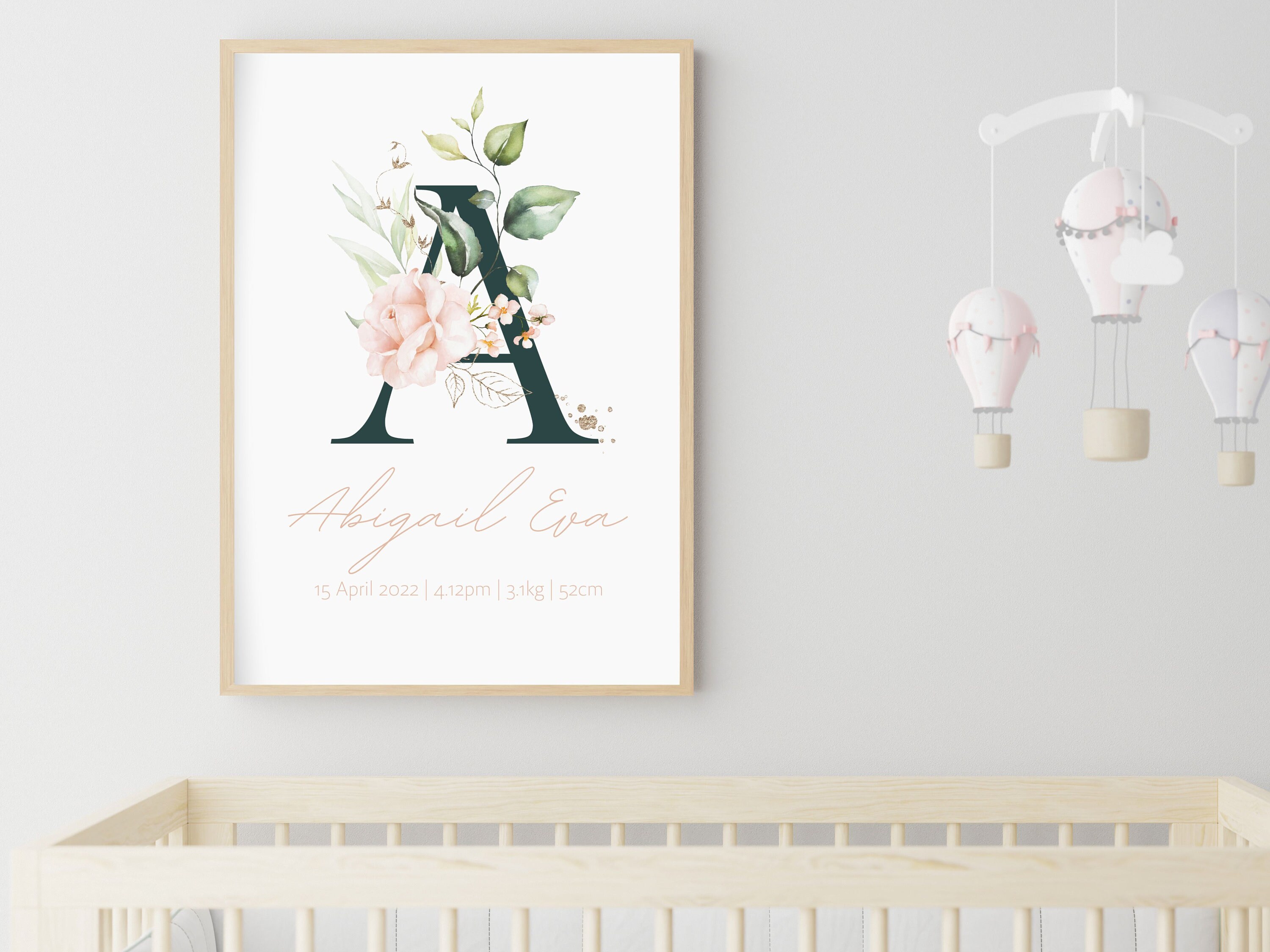 Personalised Name Print Birth Poster, Pink Floral, Custom Nursery ...