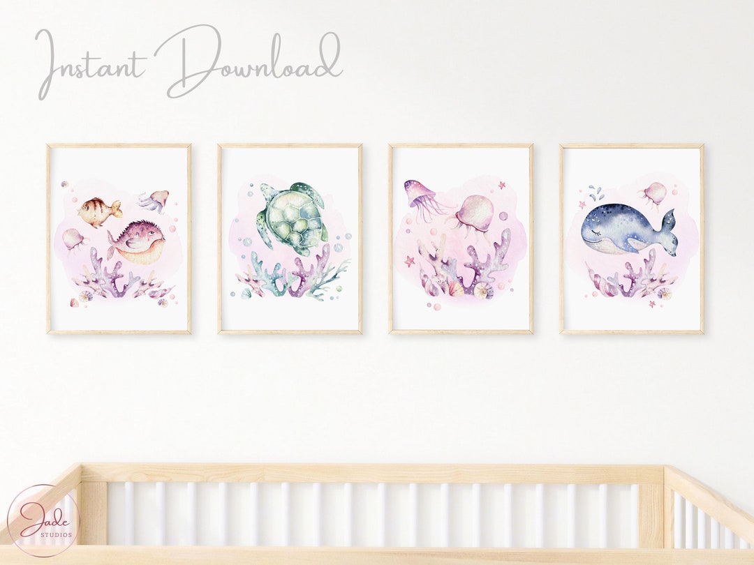 Set of 4 Under the Sea Print, Ocean Creatures Poster, Nursery Nautical ...
