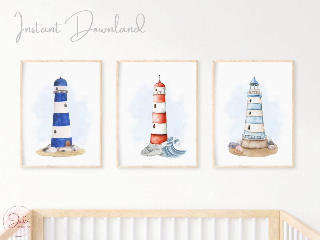 Set of 3 Nautical Lighthouse Prints, Nursery Nautical Theme, Baby Boy Nursery Decor, Baby Gifts ...